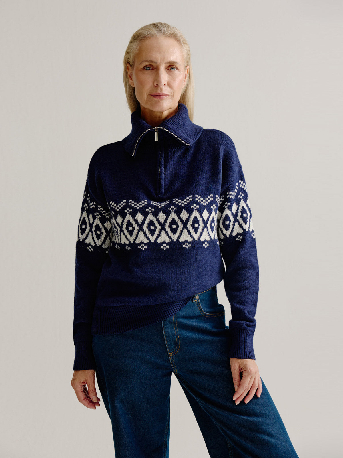 Lydia sweater – Jacquard sweater with half-zip sailor collar